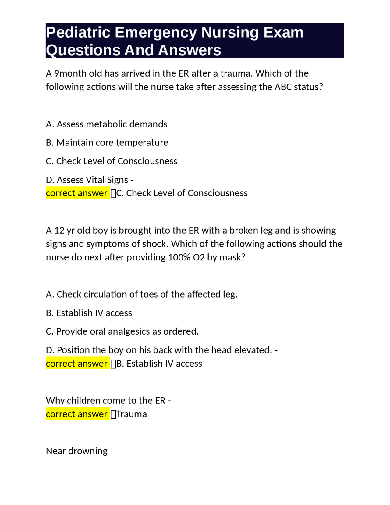 Pediatric Emergency Nursing Exam Questions And Answers | Exams ...