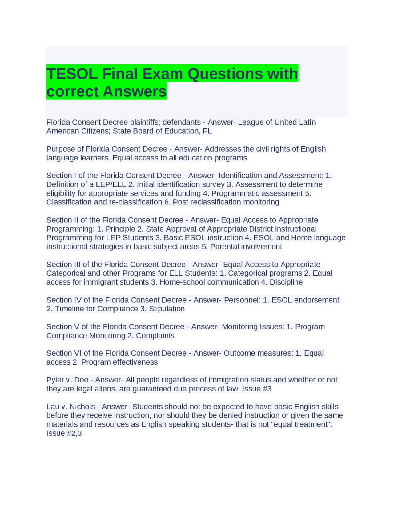 TESOL Final Exam Questions with correct Answers | Exams Advanced ...