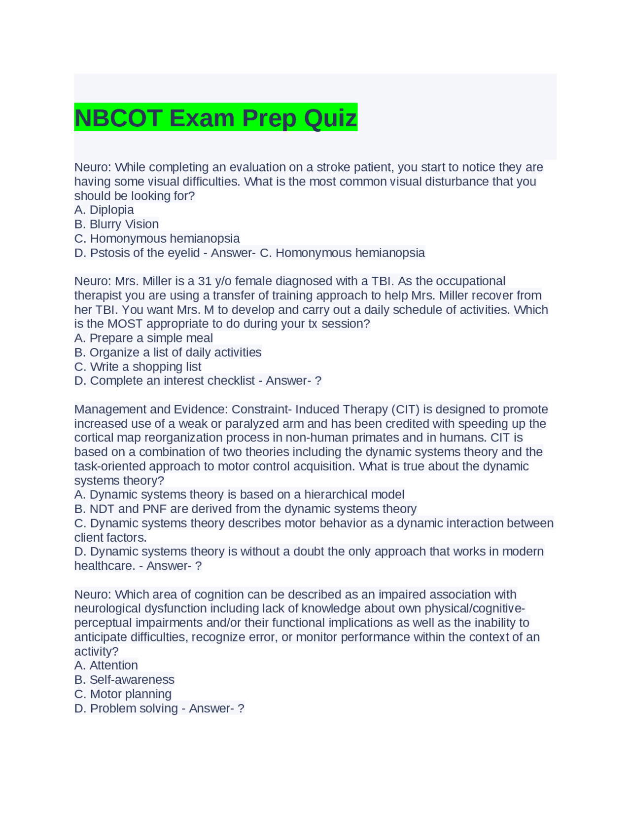 NBCOT Exam Prep Quiz with correct Answers | Exams Advanced Education ...
