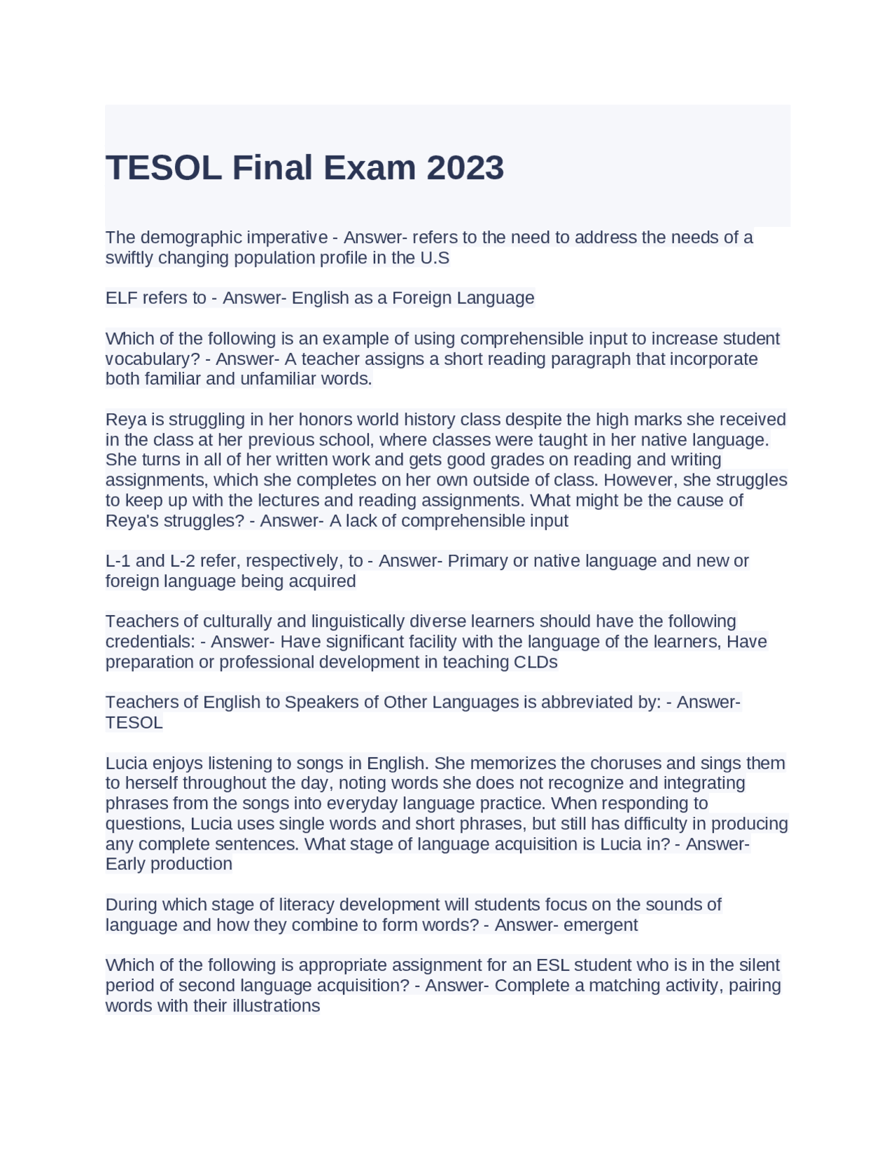 TESOL Final Exam 2023-2024 Questions and Answers | Exams Advanced ...