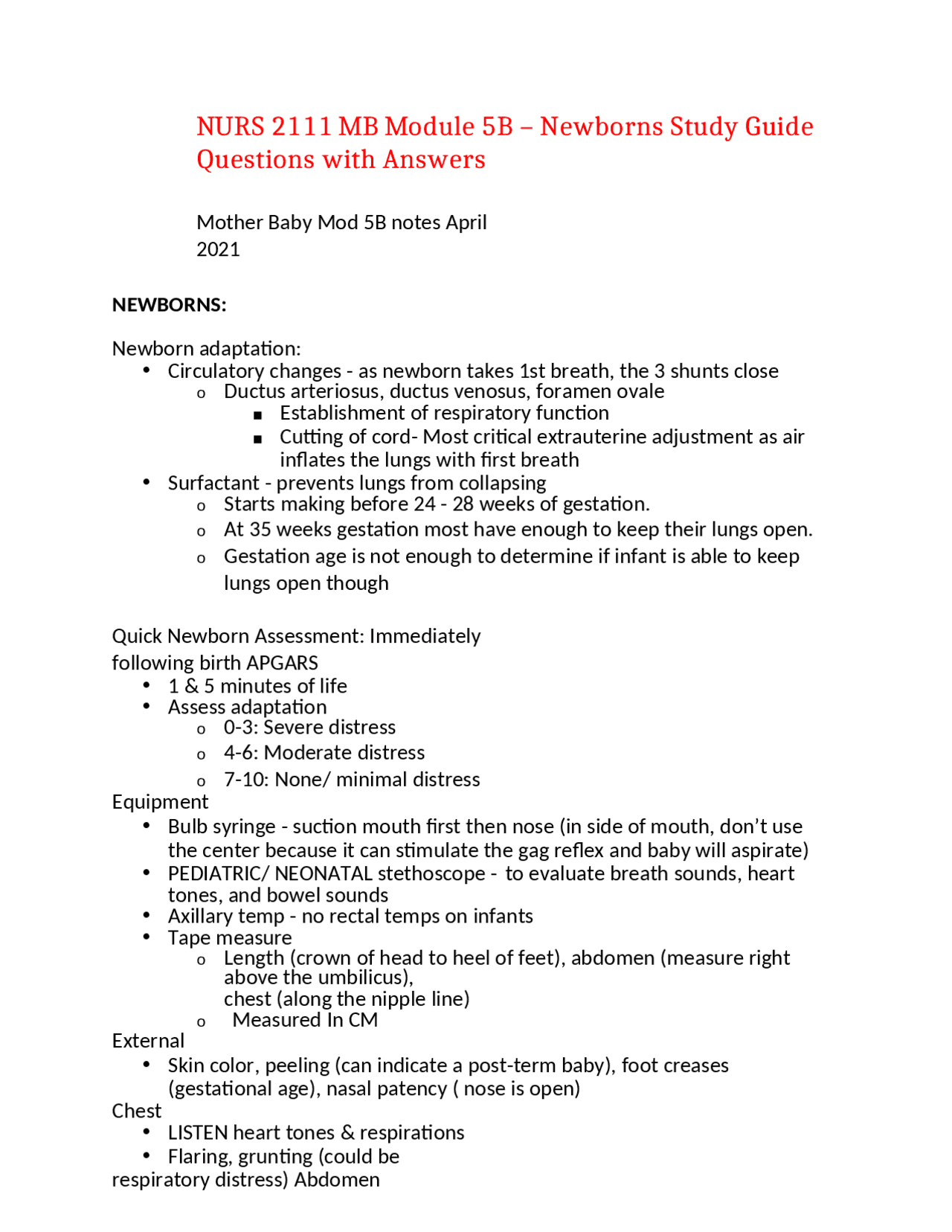 NURS 2111 MB Module 5B – Newborns Study Guide Questions with Answers ...