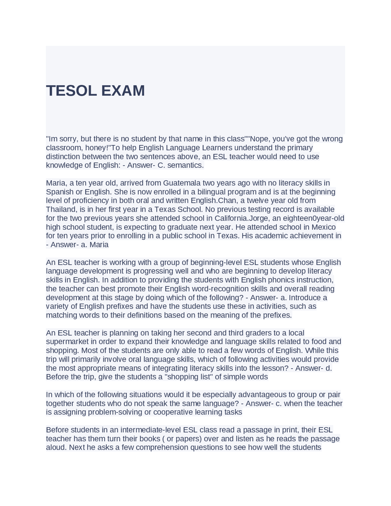 TESOL EXAM WITH CORRECT ANSWERS | Exams Advanced Education | Docsity