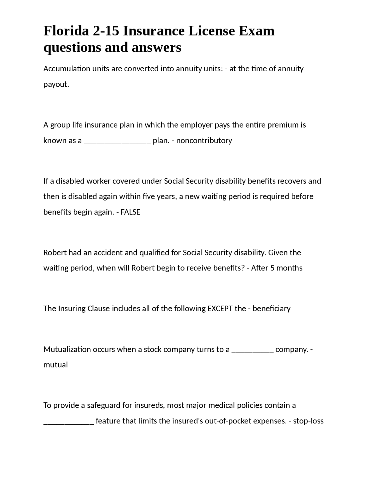 Florida 2-15 Insurance License Exam Questions and Answers | Exercises ...