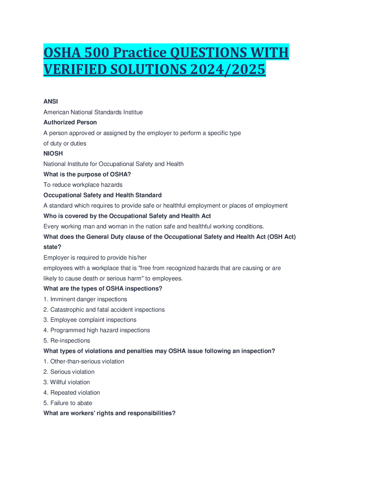 OSHA 500 Practice QUESTIONS WITH VERIFIED SOLUTIONS 2024/2025 | Exams Business Administration ...