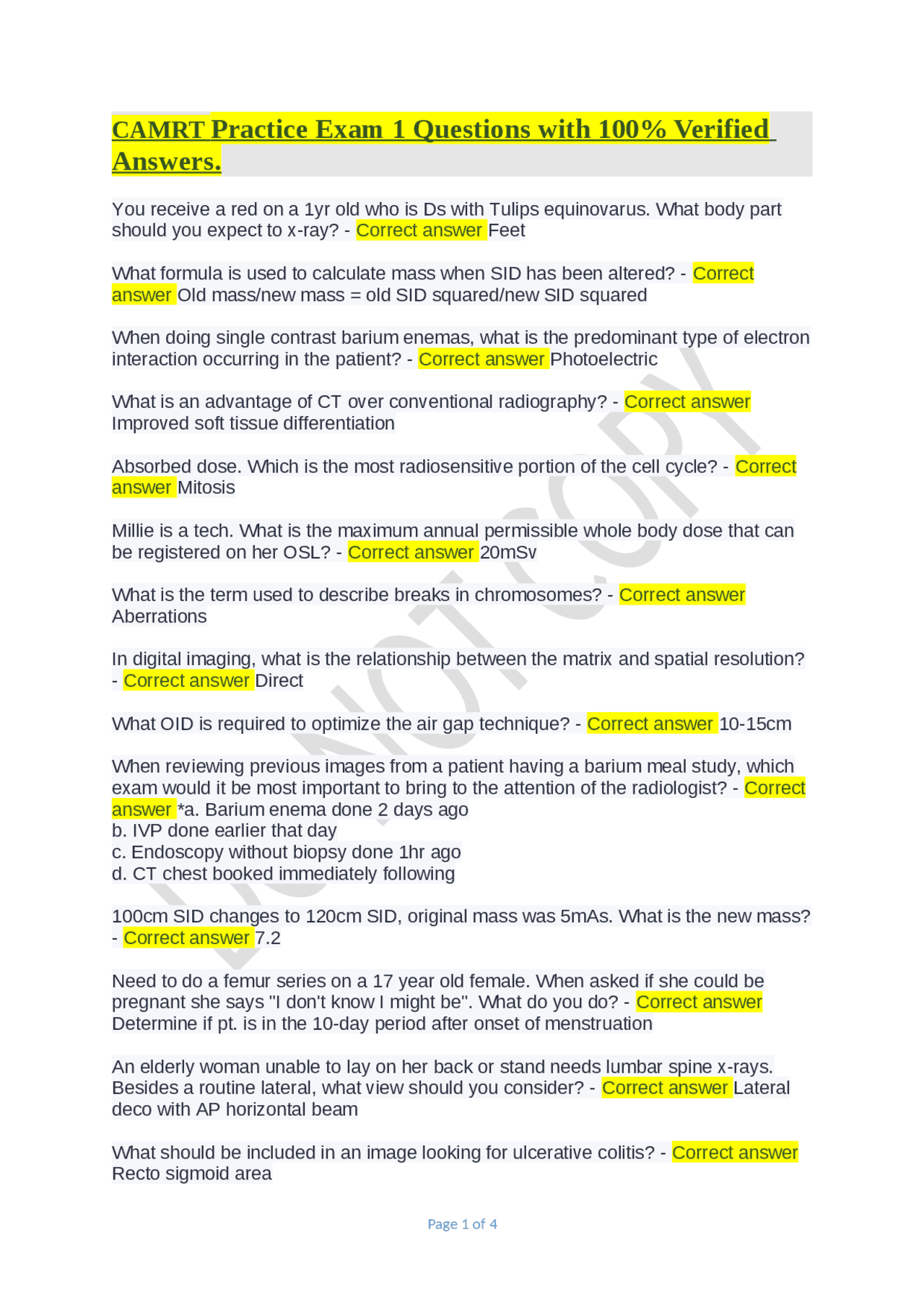 CAMRT Practice Exam 1 Questions with 100% Verified Answers. | Exams ...