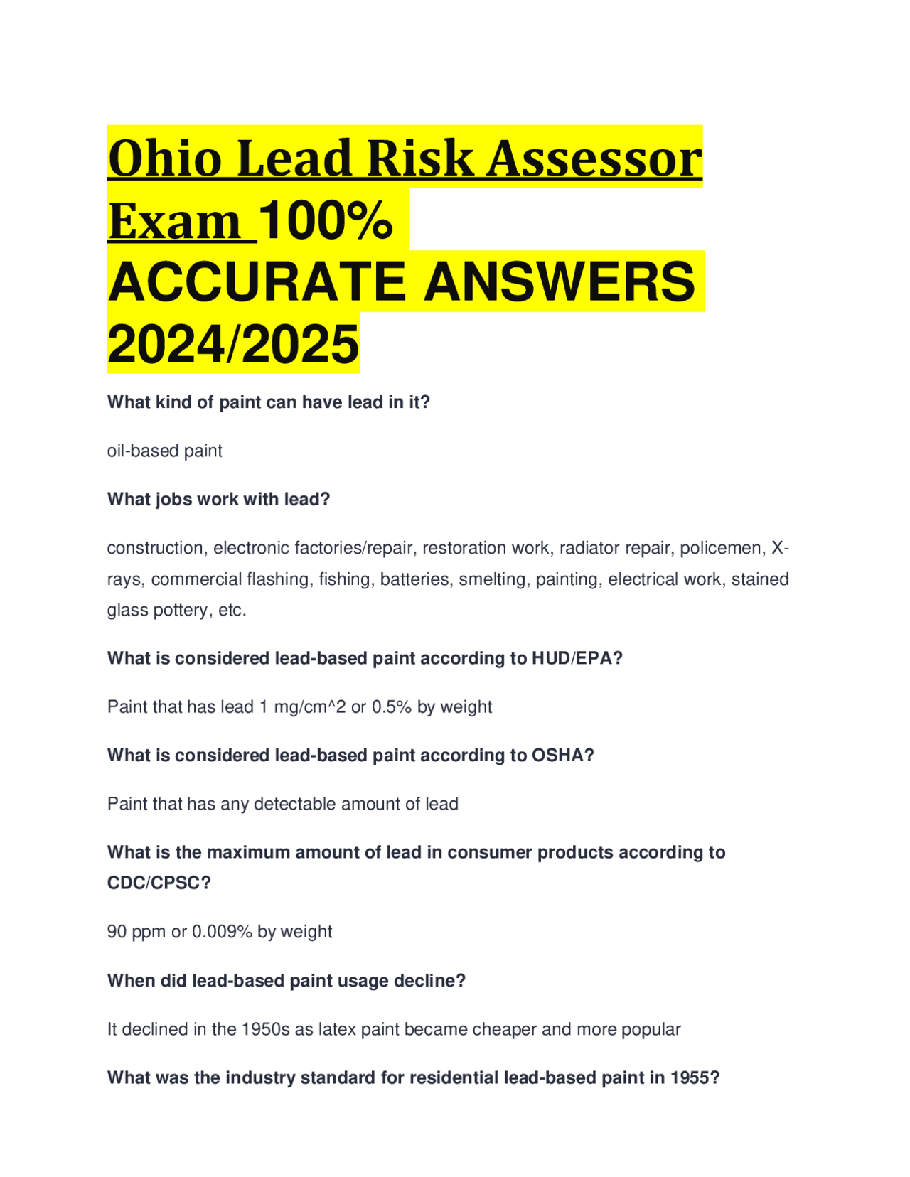 Ohio Lead Risk Assessor Exam 100% ACCURATE ANSWERS 2024/2025 | Exams ...