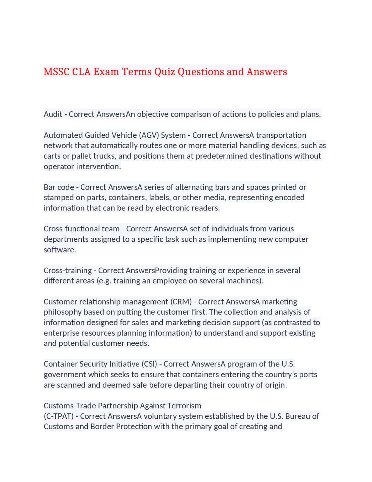 MSSC CLA Exam Terms Quiz Questions and Answers | Exams Business ...