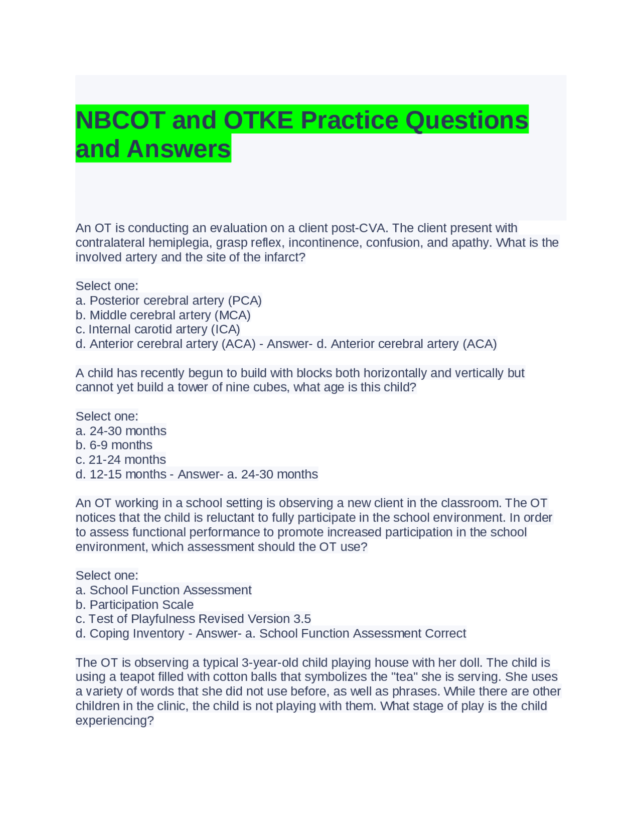 Nbcot Exam Otr Practice Test Questions Answers Page 1 OTR And COTA