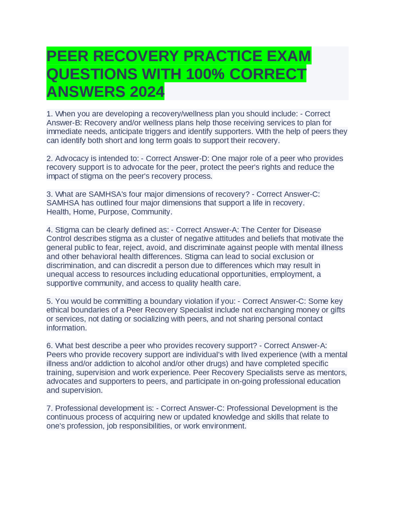 PEER RECOVERY PRACTICE EXAM QUESTIONS WITH 100% CORRECT ANSWERS 2024 ...
