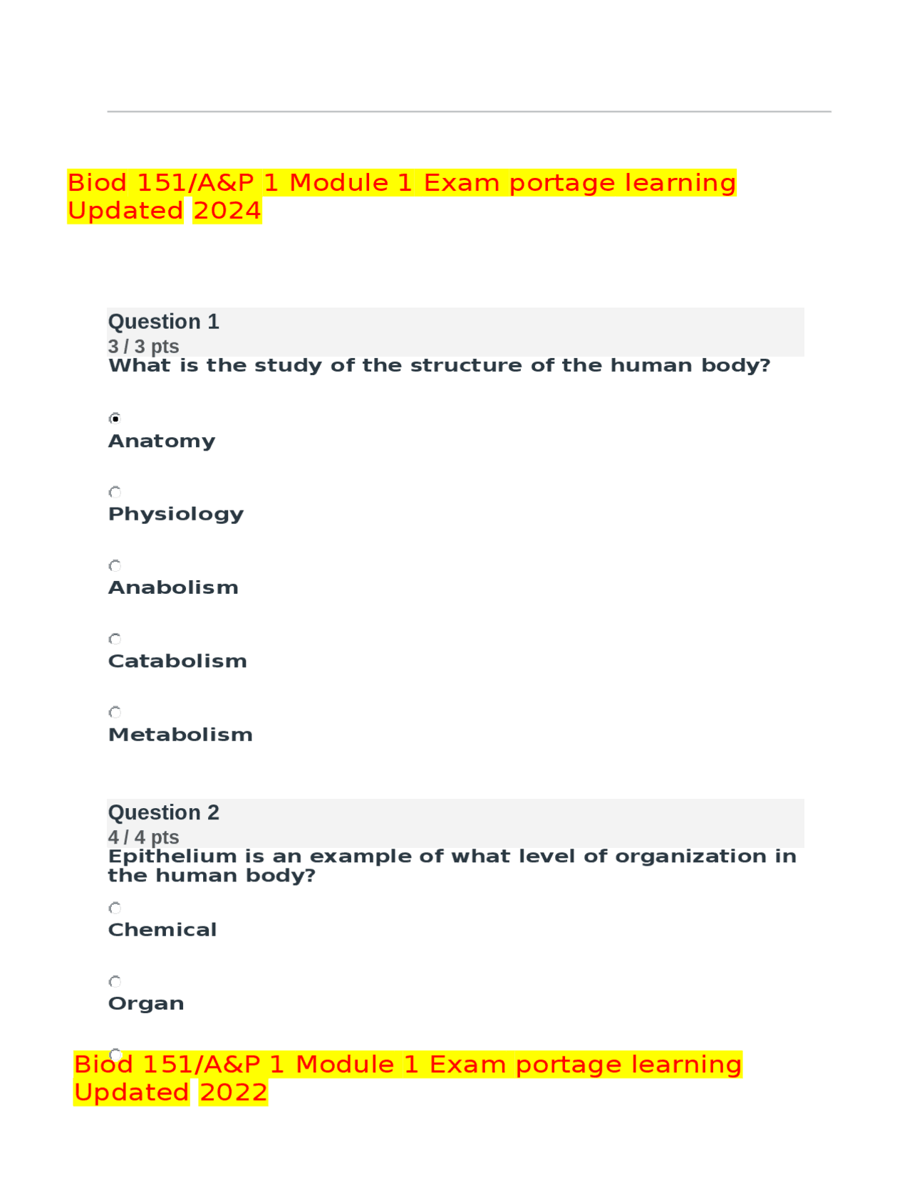 Biod 151/A&P 1 Module 1 Exam portage learning Updated 2024 | Exams ...