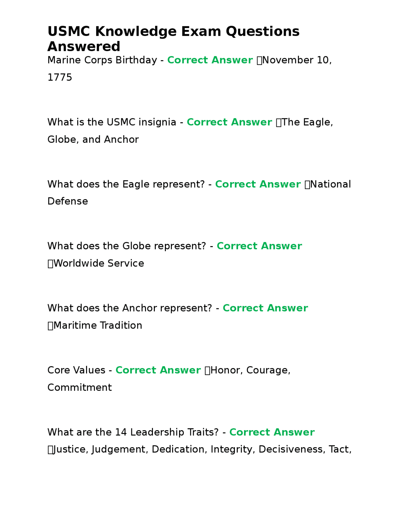 USMC Knowledge Exam Questions Answered | Exams Nursing | Docsity