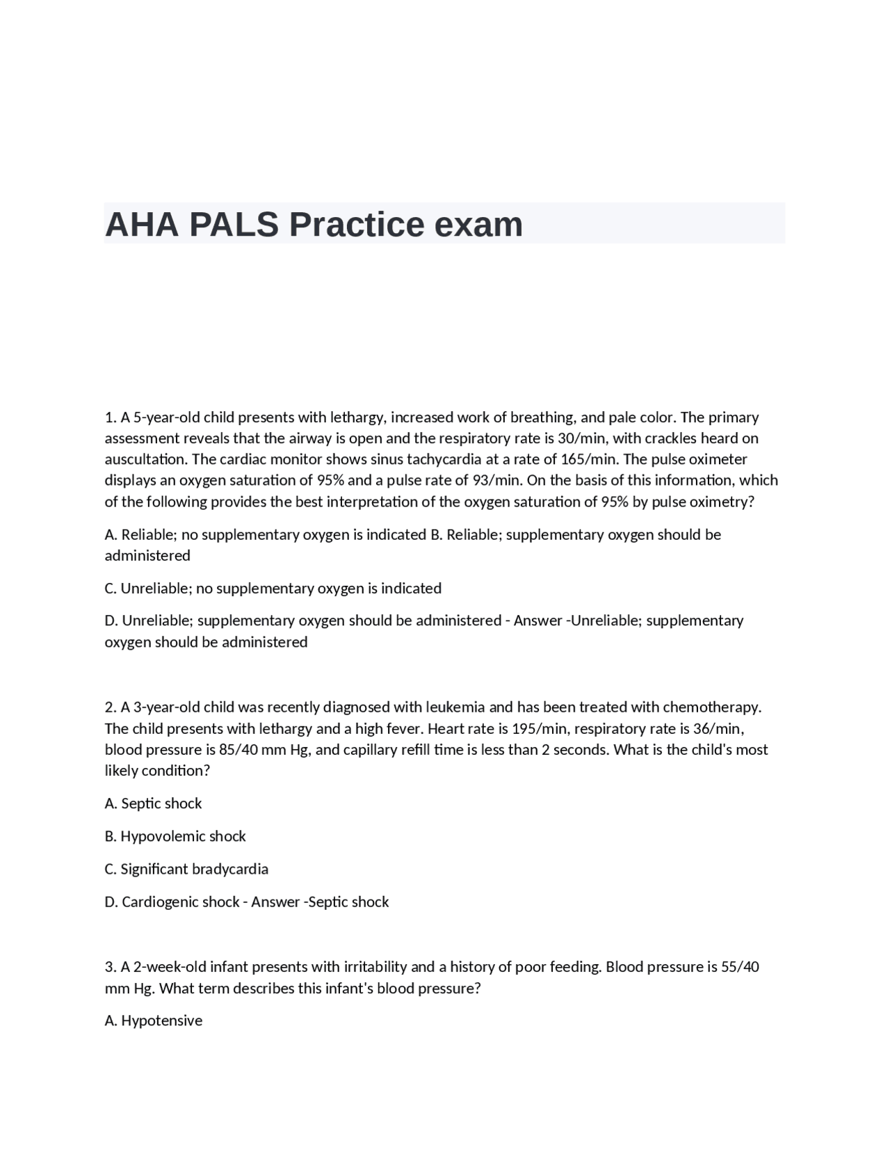 Pediatric Advanced Life Support (PALS) Scenarios | Exams Nursing | Docsity