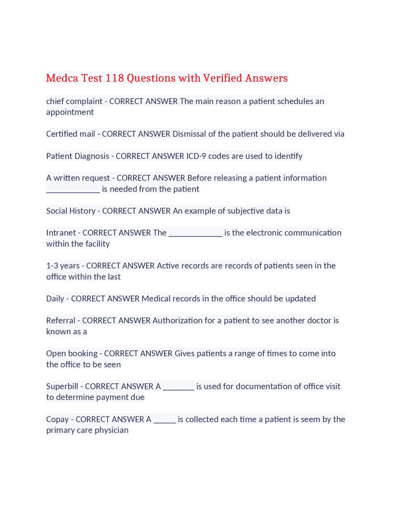 Medca Test 118 Questions with Verified Answers | Exams Nursing | Docsity