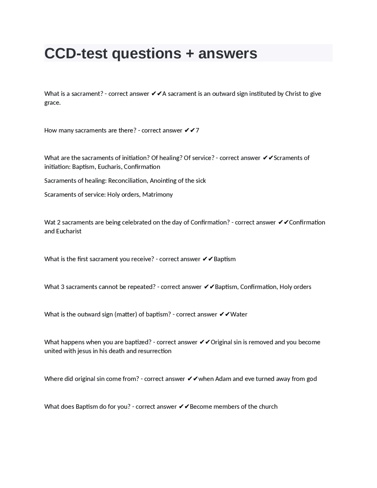 Catholic Catechism and Doctrine (CCD) Test Questions and Answers ...