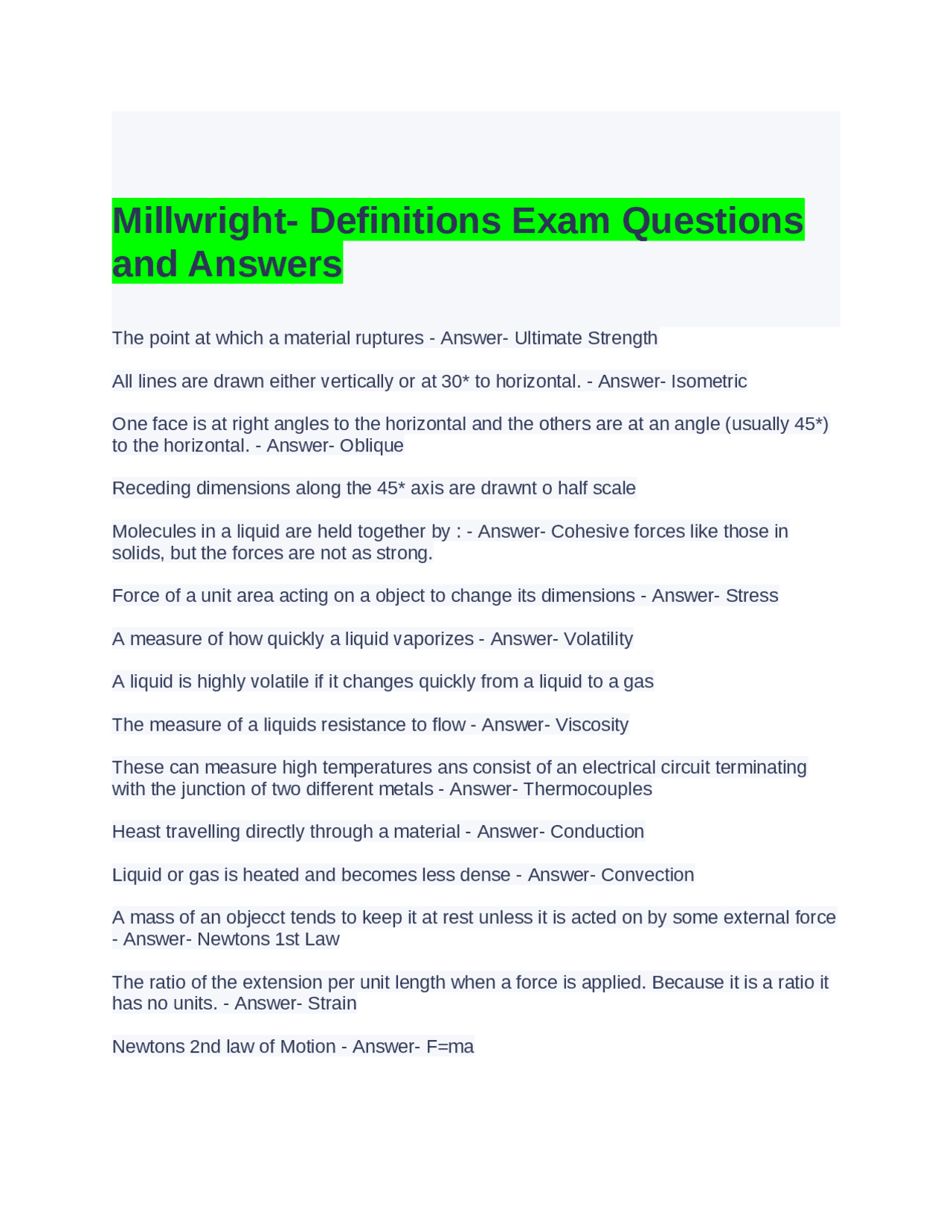 Millwright- Definitions Exam Questions and Answers | Exams Advanced ...