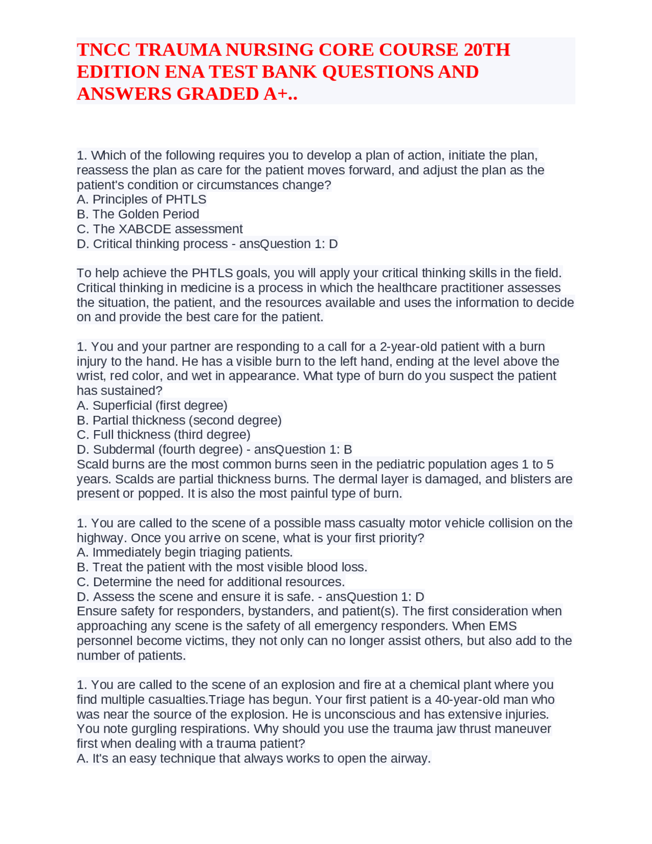 TNCC TRAUMA NURSING CORE COURSE 20TH EDITION ENA TEST BANK QUESTIONS ...