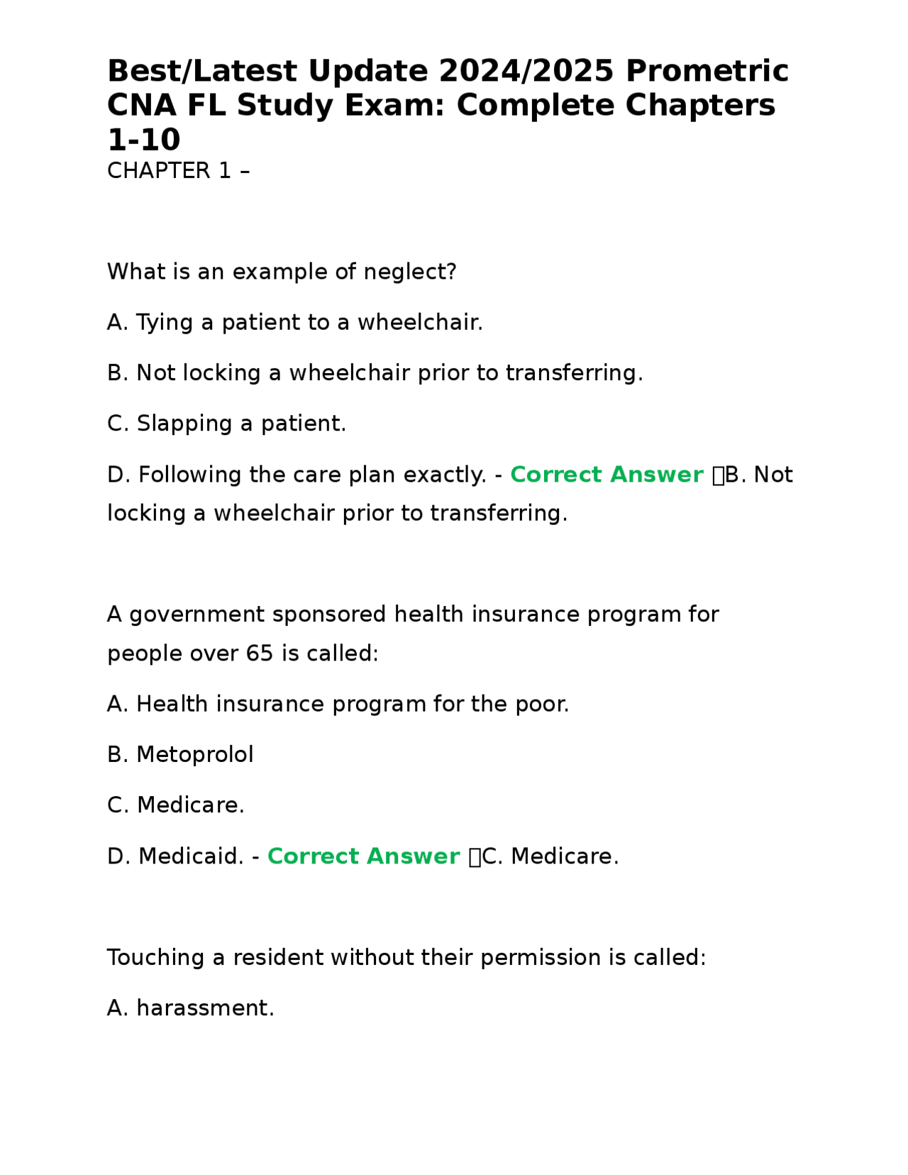 Prometric CNA FL Study Exam: Complete Chapters 1-10 | Exams Nursing ...