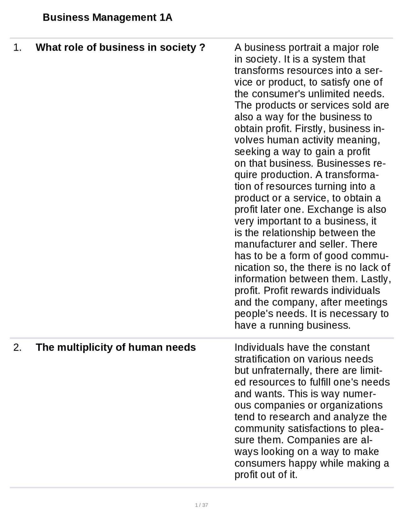Business Management 1A | Exams Business Economics | Docsity