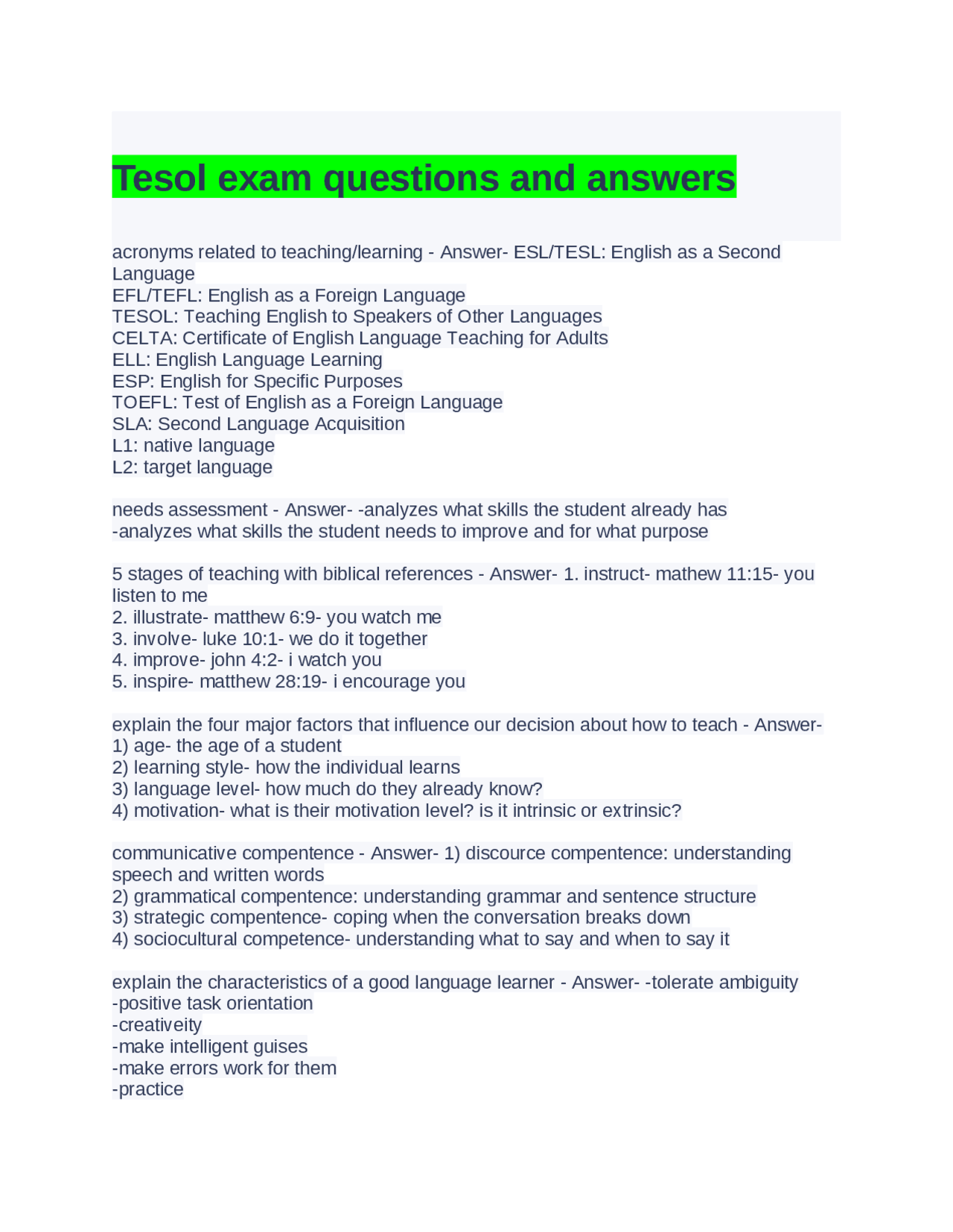 Tesol exam questions and answers | Exams Advanced Education | Docsity