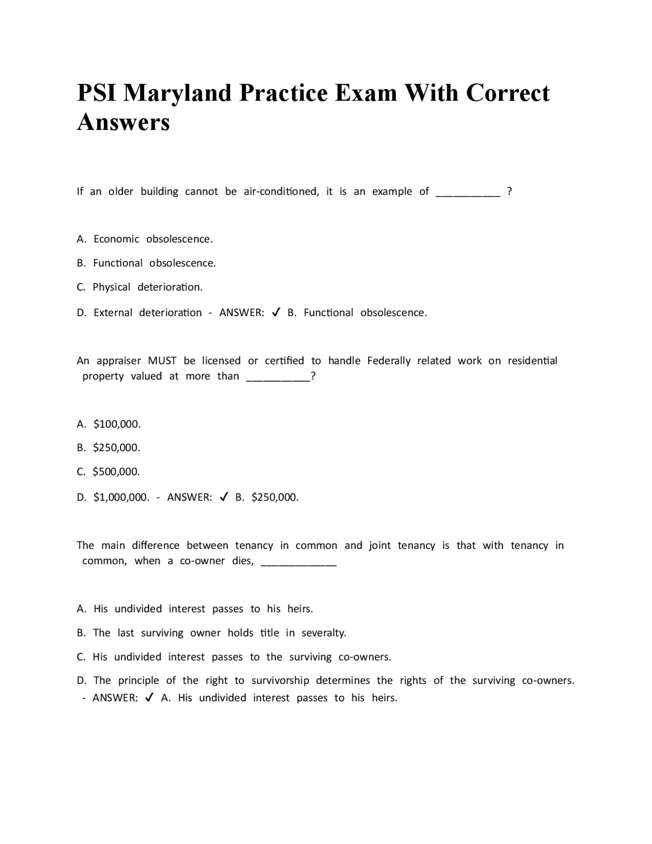 PSI Maryland Practice Exam With Correct Answers. | Exams Real Estate ...