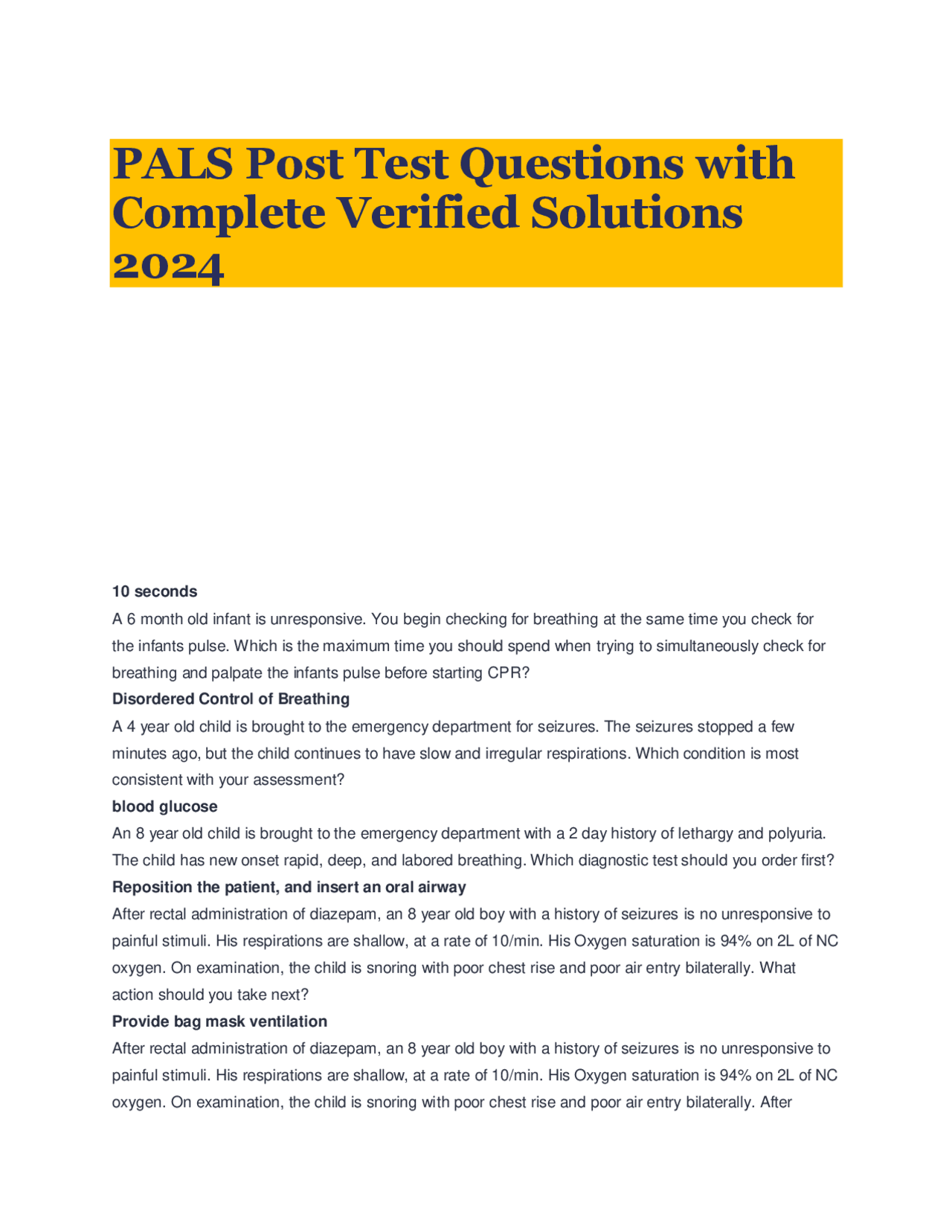 PALS Post Test Questions with Complete Verified Solutions 2024 | Exams ...