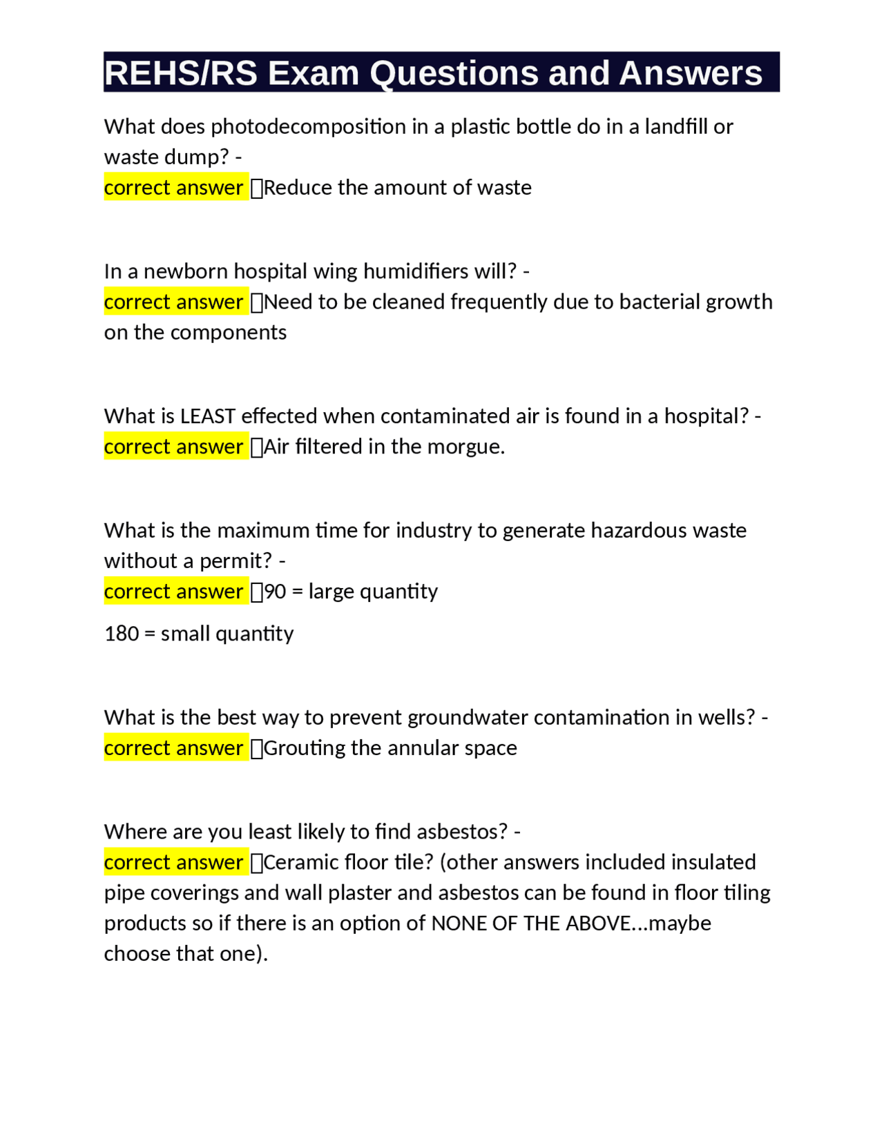 Environmental Health and Safety Exam Questions and Answers | Exams ...