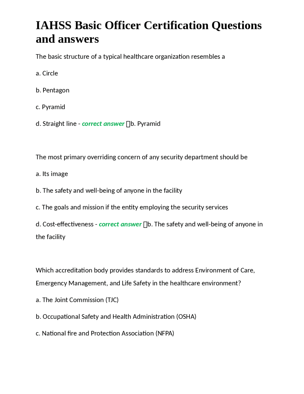 IAHSS Basic Officer Certification Questions and answers | Exams Nursing ...