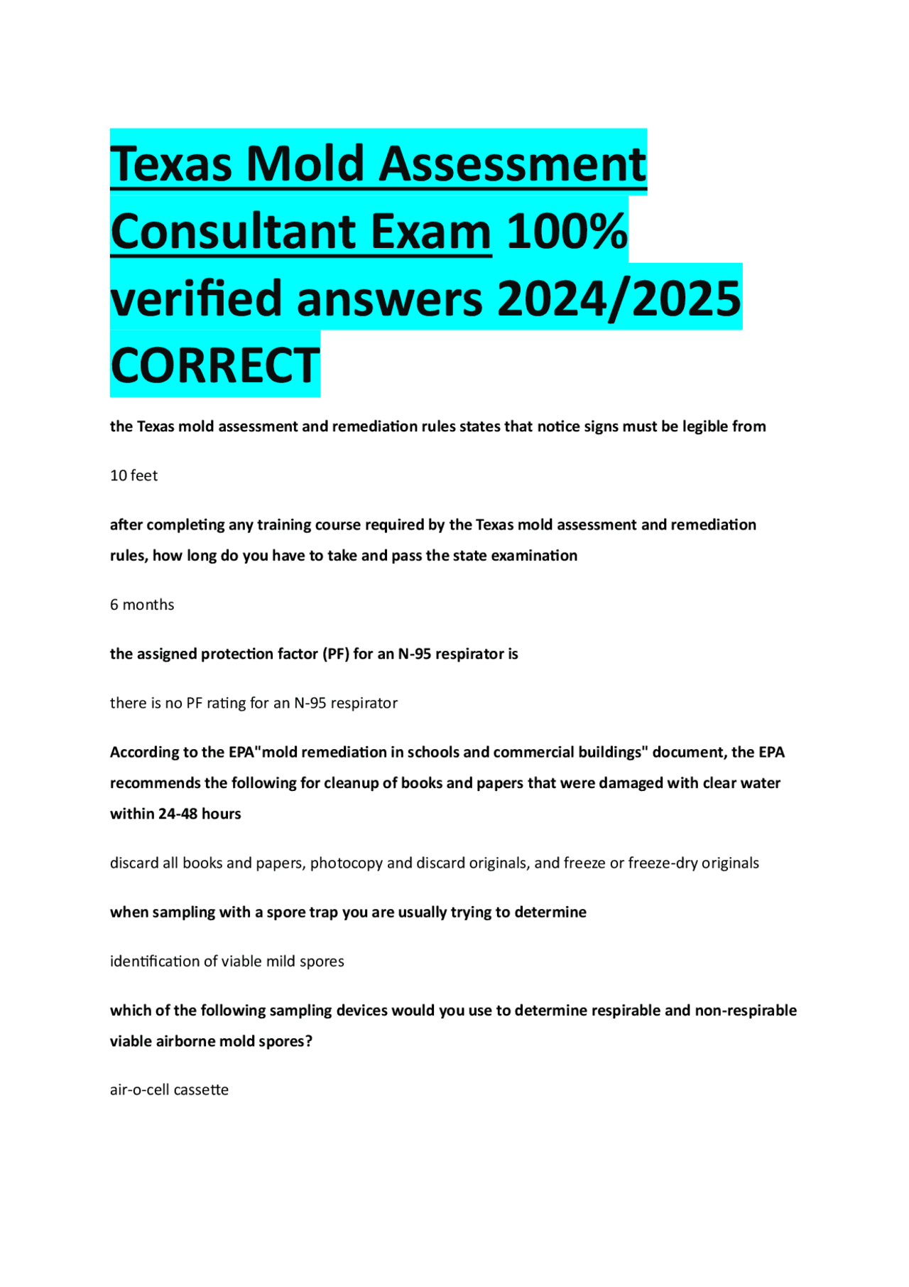 Texas Mold Assessment Consultant Exam 100% verified answers 2024/2025 ...