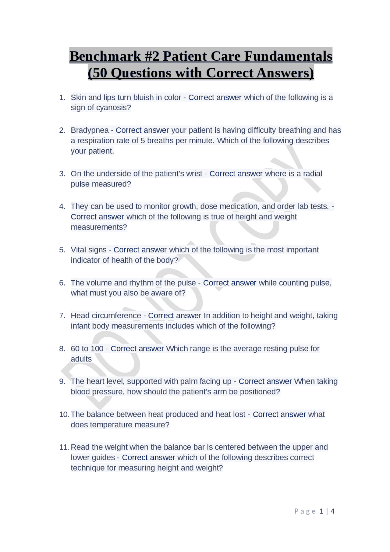 Benchmark #2 Patient Care Fundamentals | Exams Benchmarking | Docsity