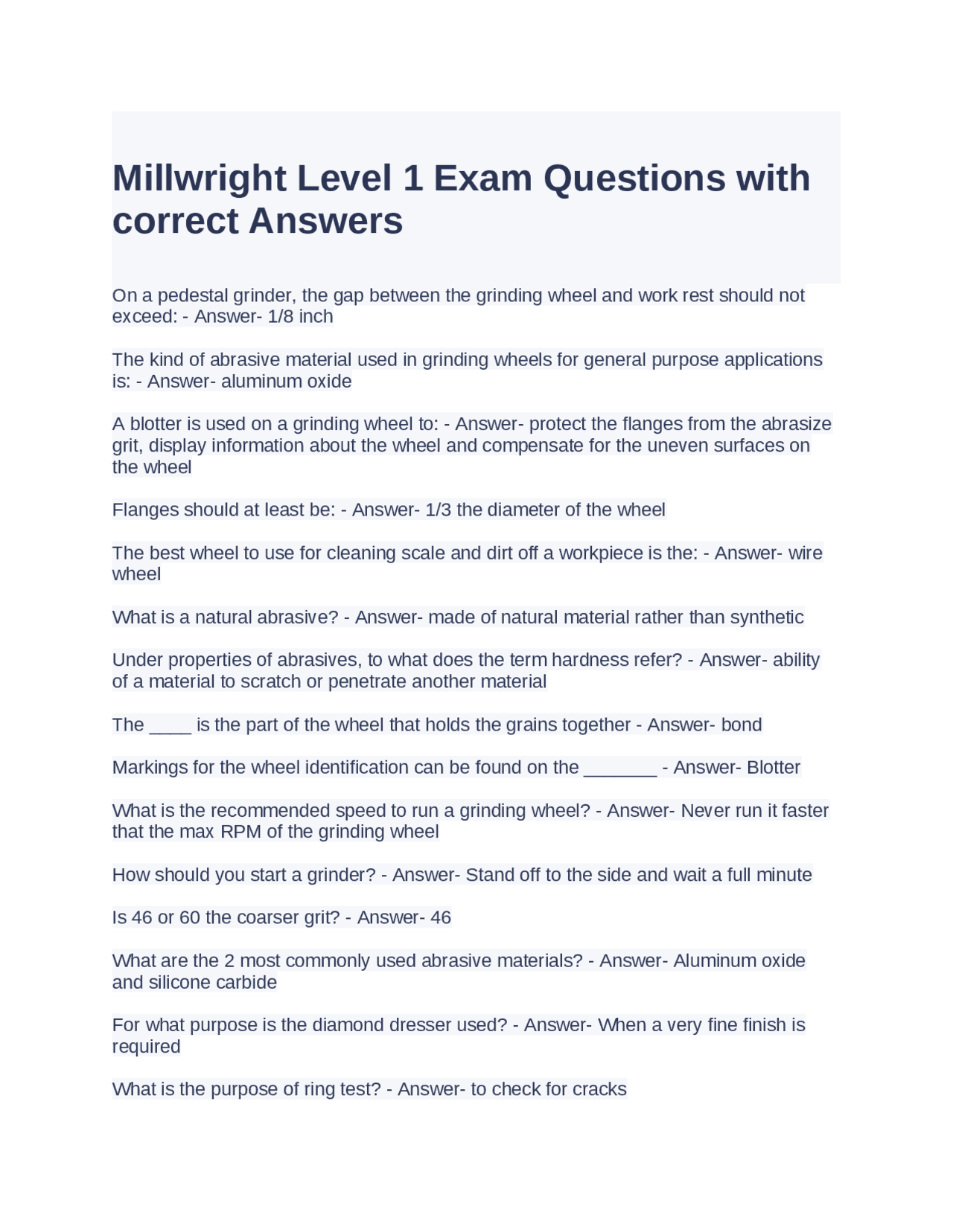 Millwright Level 1 Exam Questions with correct Answers | Exams Advanced ...