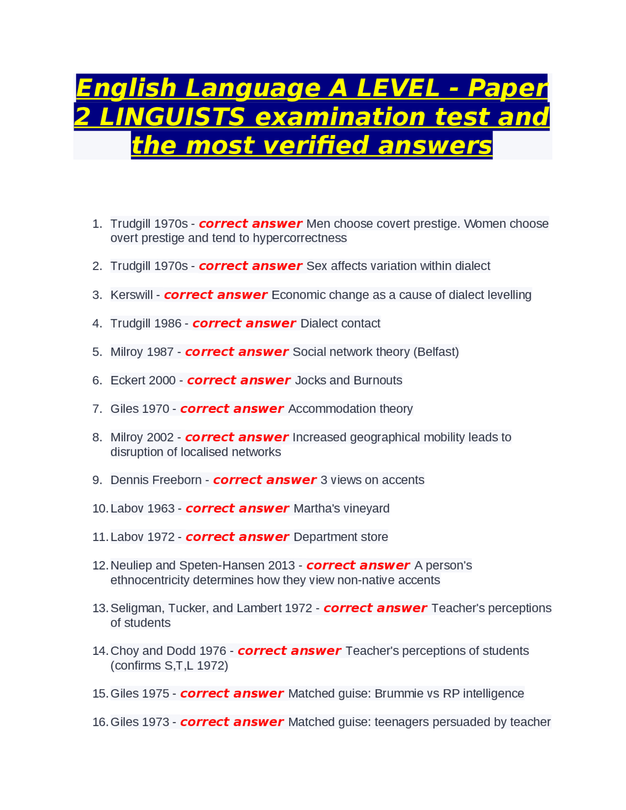 English Language A LEVEL - Paper 2 LINGUISTS examination test and the ...