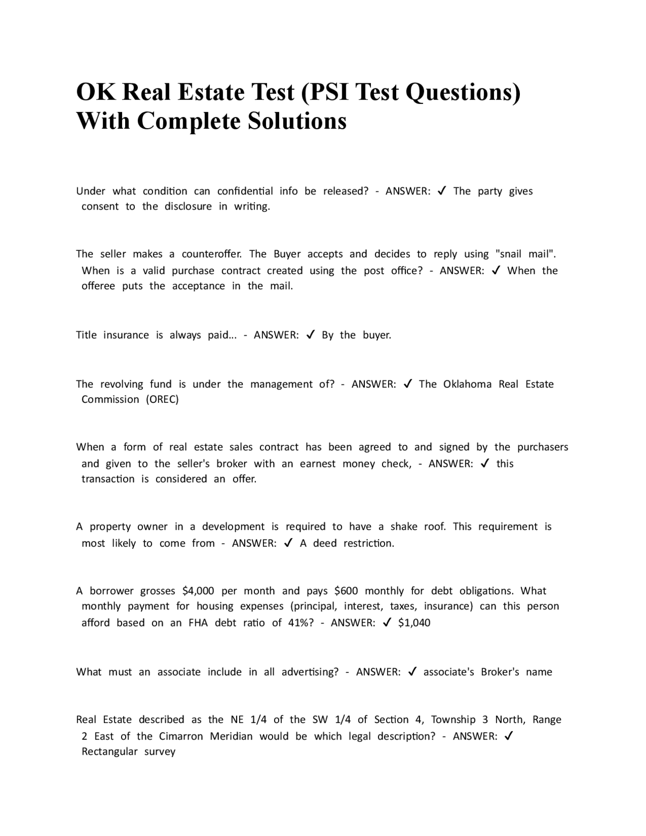 OK Real Estate Test (PSI Test Questions) With Complete Solutions ...