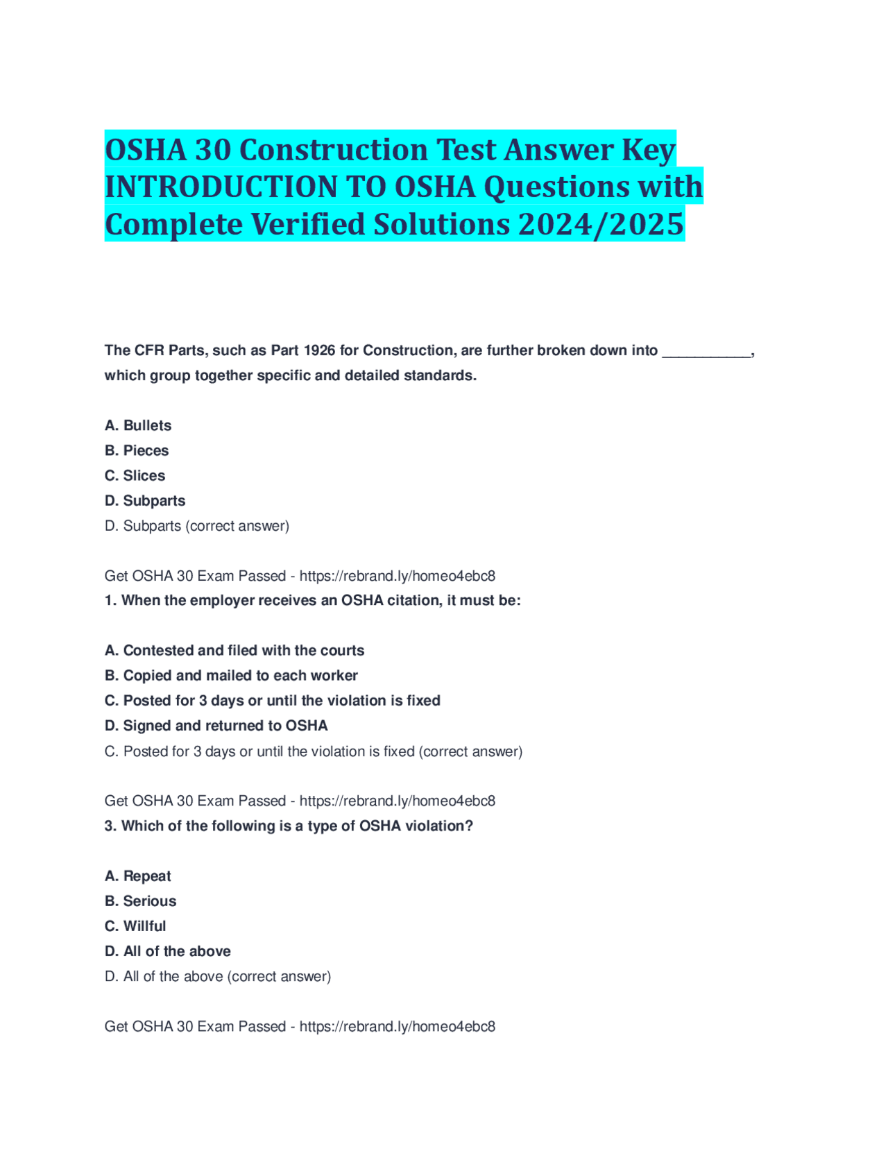 OSHA 30 Construction Test Answer Key | Exams Business Administration ...
