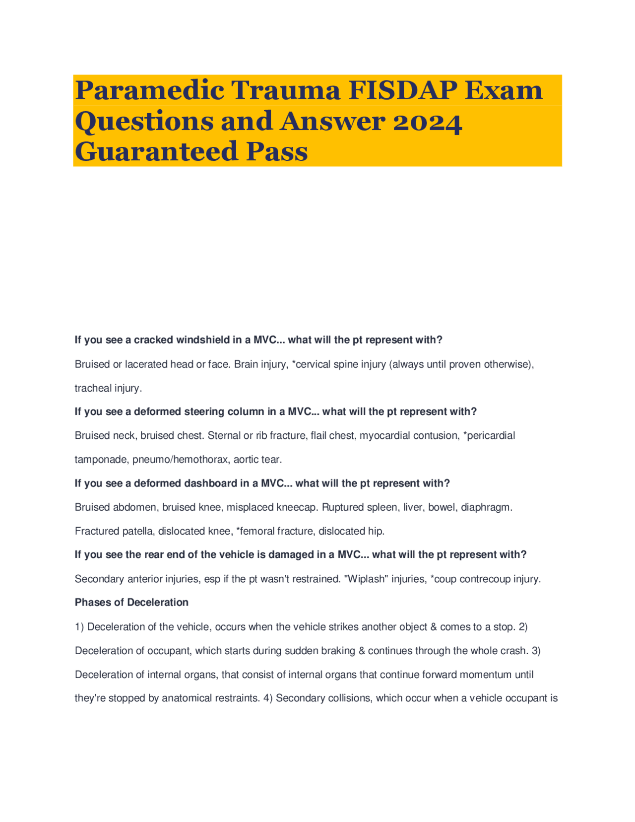 Paramedic Trauma FISDAP Exam Questions and Answers 2024 | Exams Health sciences | Docsity