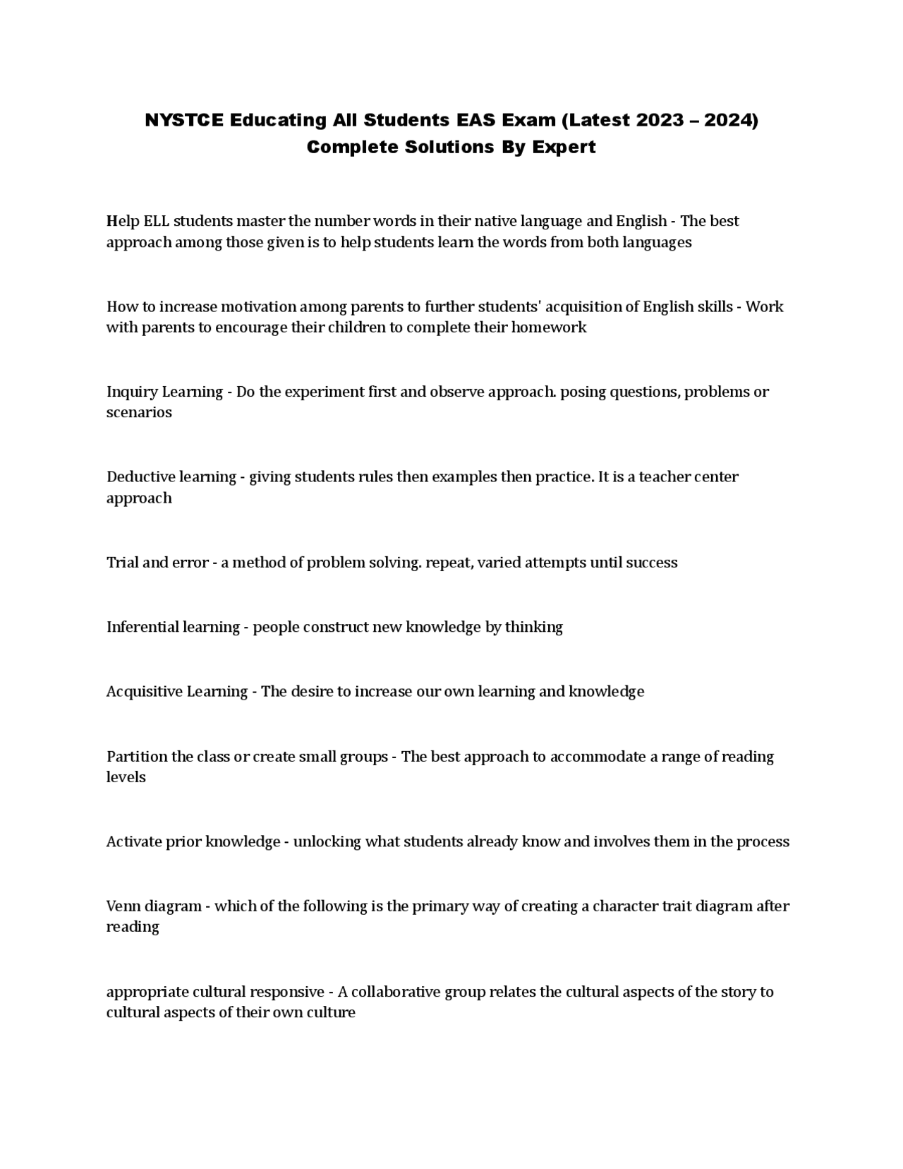 NYSTCE Educating All Students EAS Exam (Latest 2023 – 2024) Complete ...