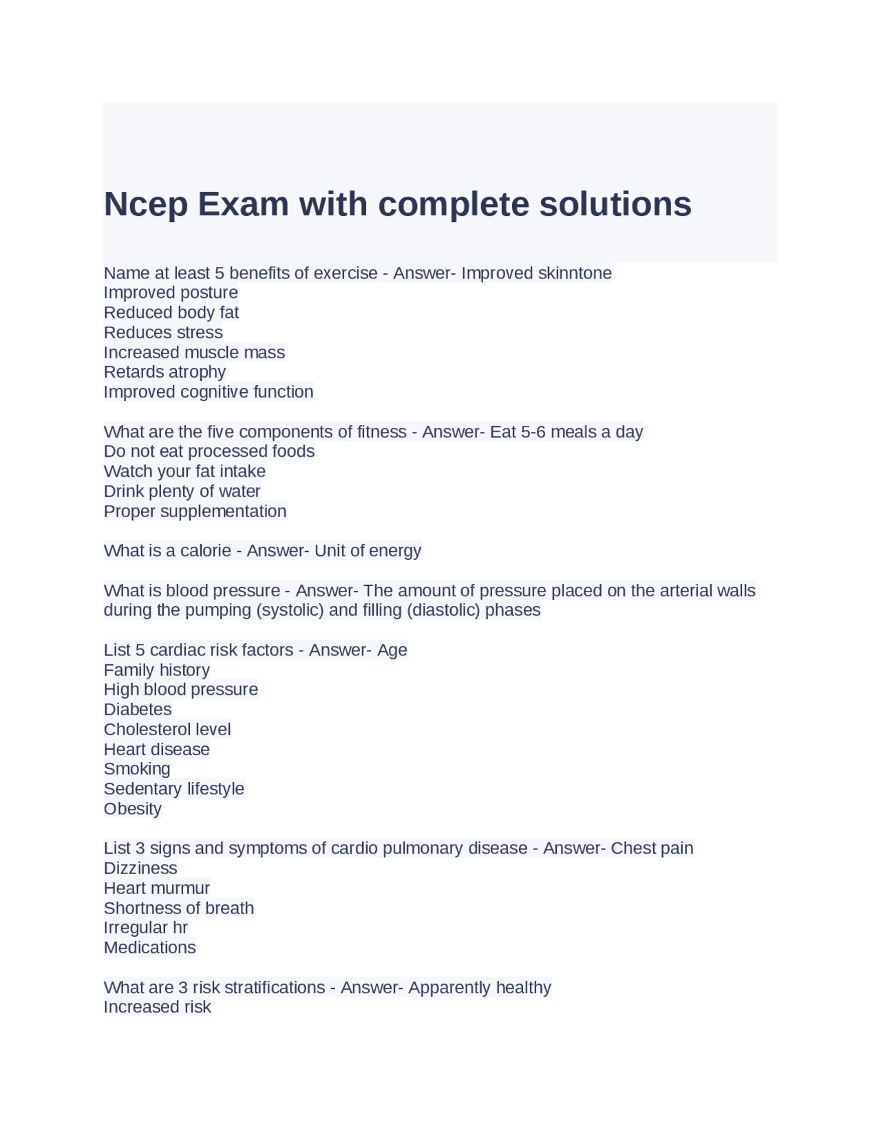 Ncep Exam with complete solutions | Exams Advanced Education | Docsity