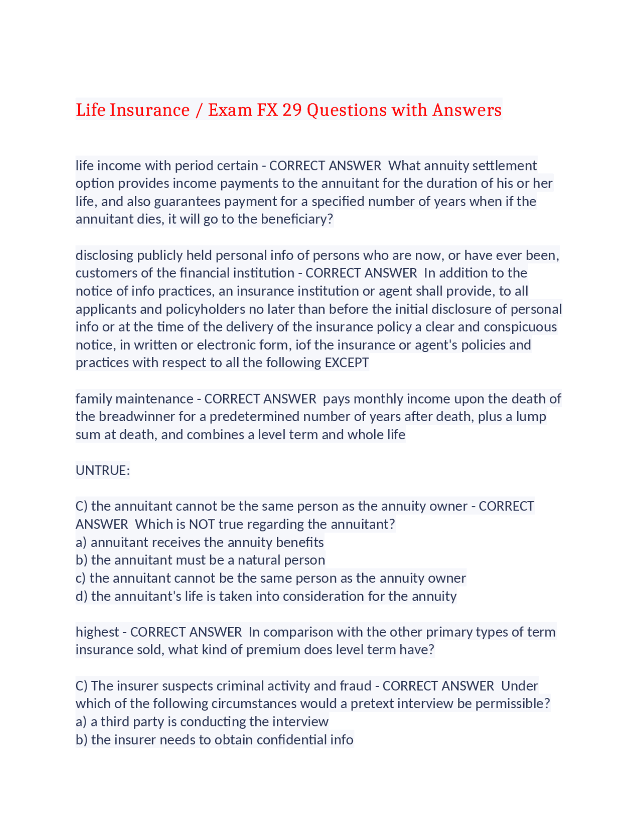 Life Insurance / Exam FX 29 Questions with Answers | Exams Nursing ...