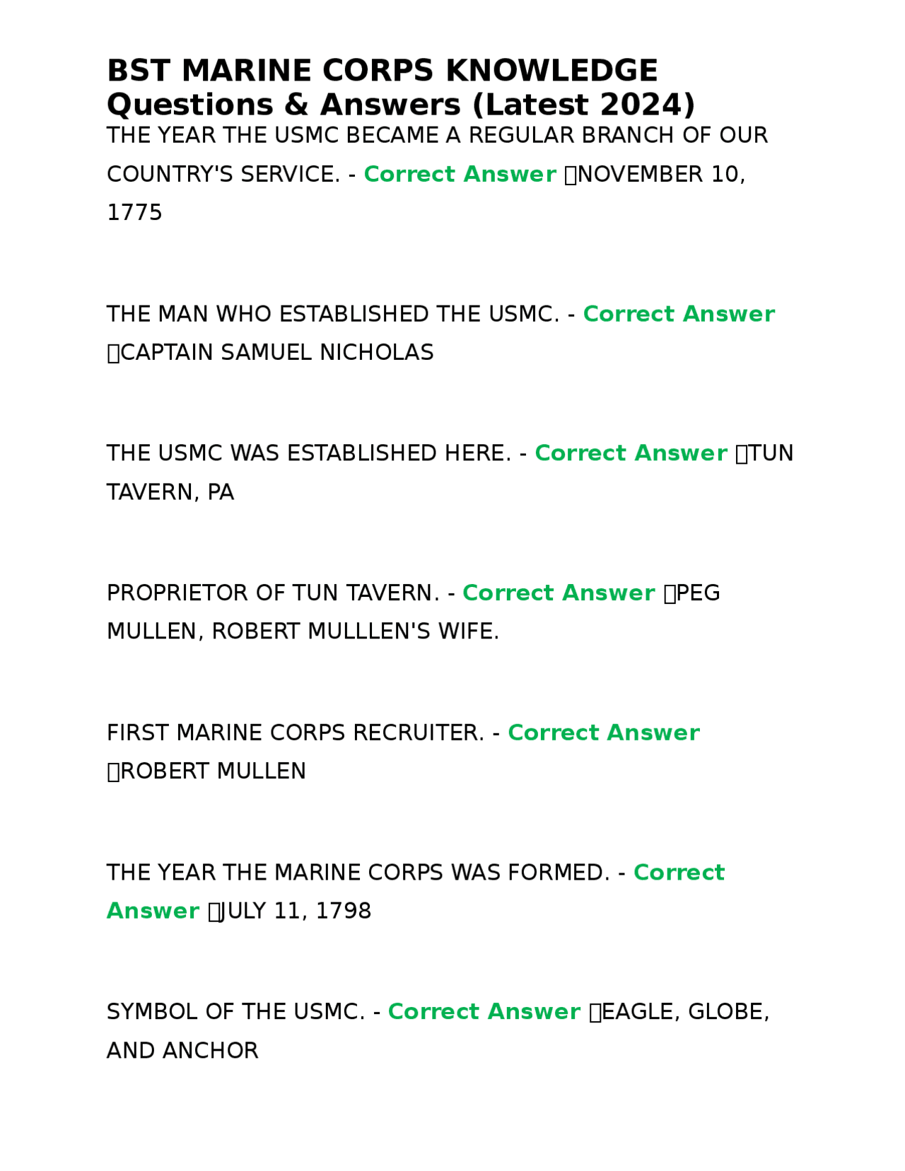 BST MARINE CORPS KNOWLEDGE Questions & Answers (Latest 2024) | Exams ...