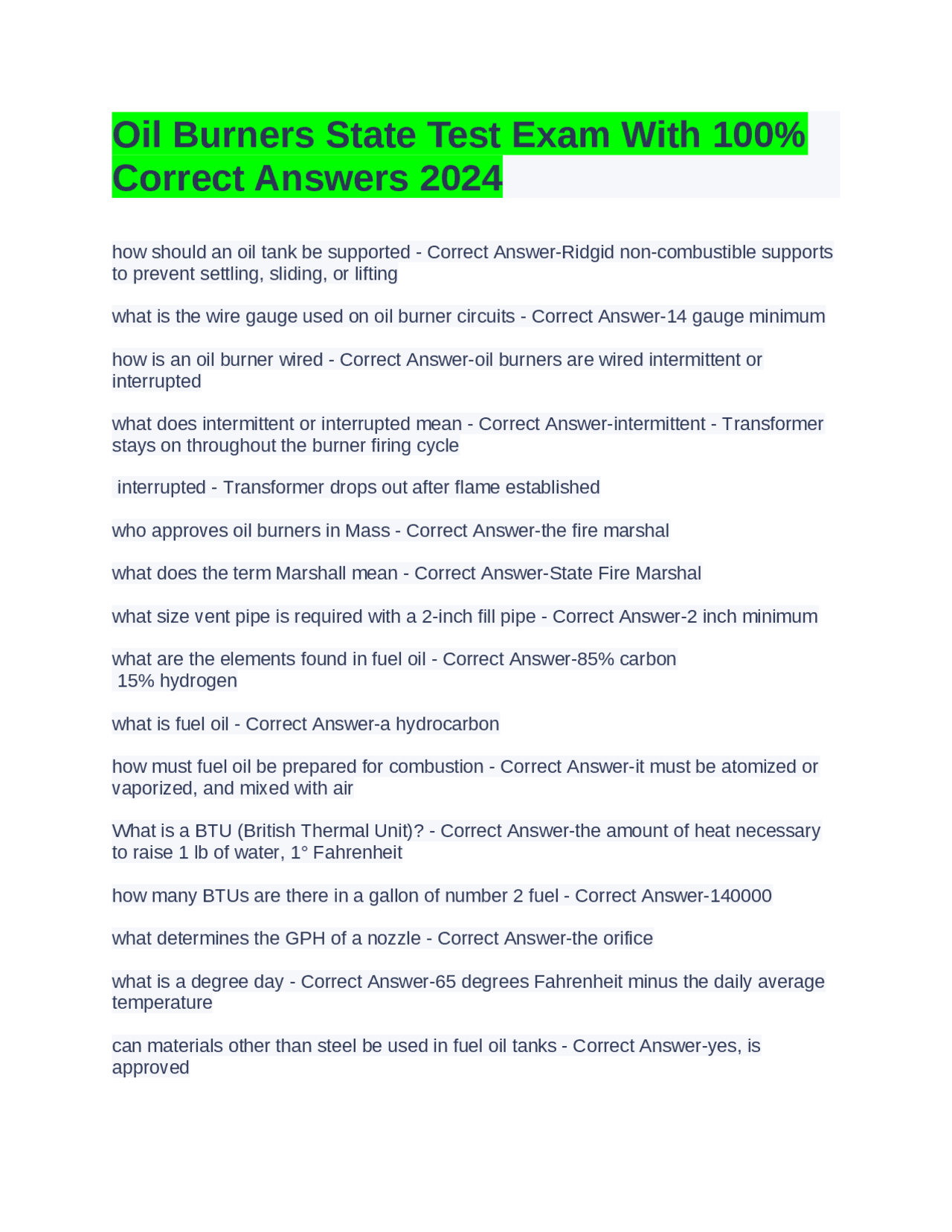 Oil Burners State Test Exam With 100% Correct Answers 2024 | Exams ...