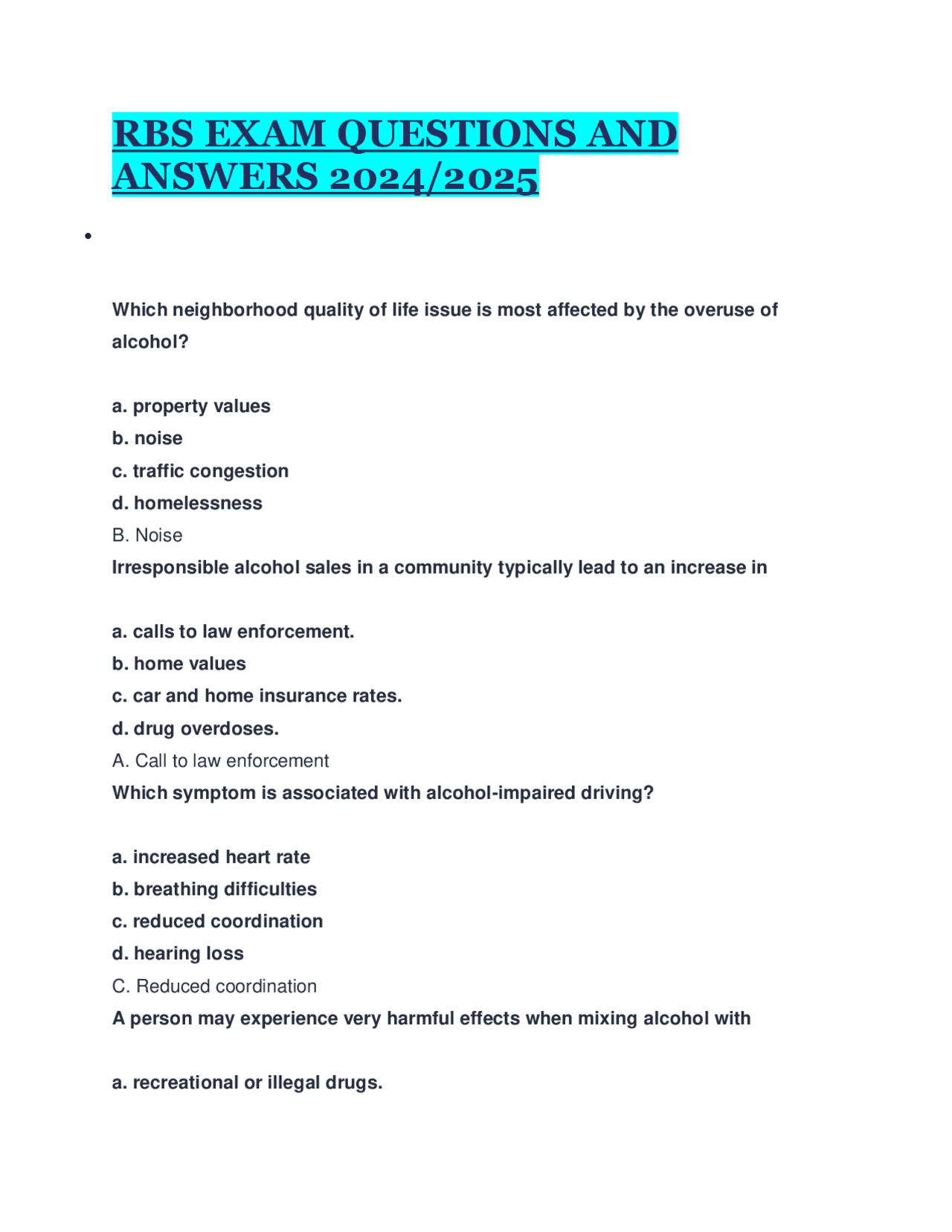 RBS EXAM QUESTIONS AND ANSWERS 2024/2025 | Exams Health sciences | Docsity