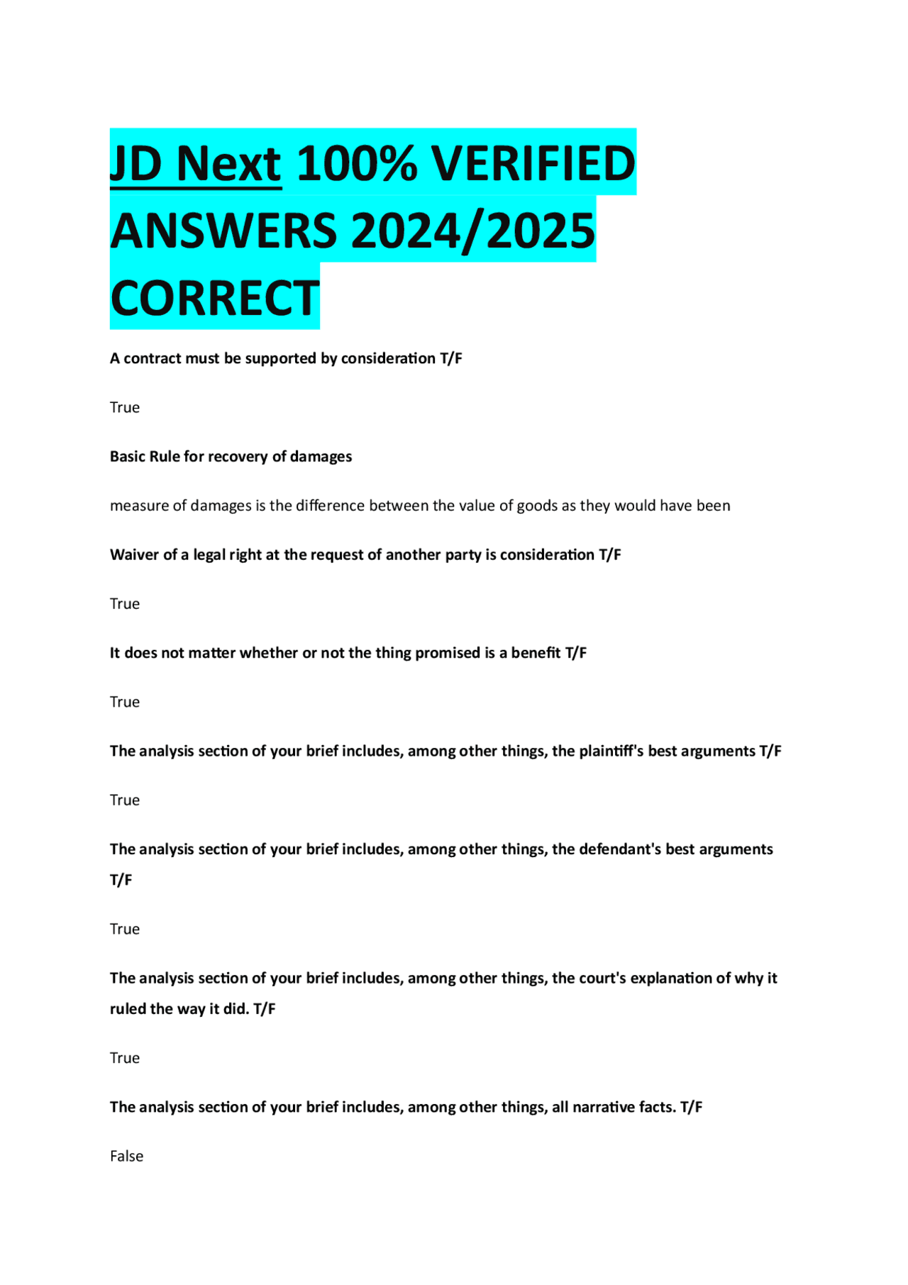 JD Next 100% VERIFIED ANSWERS 2024/2025 CORRECT | Exams Business ...