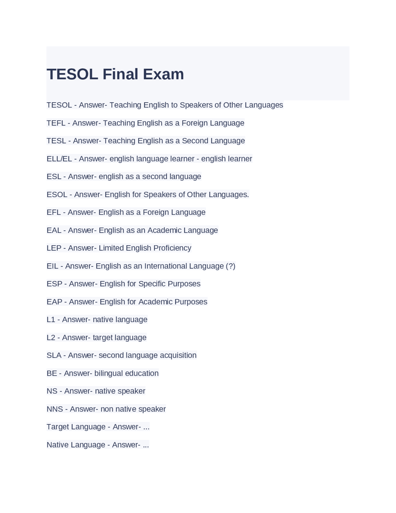 TESOL Terminology and Concepts | Exams Advanced Education | Docsity