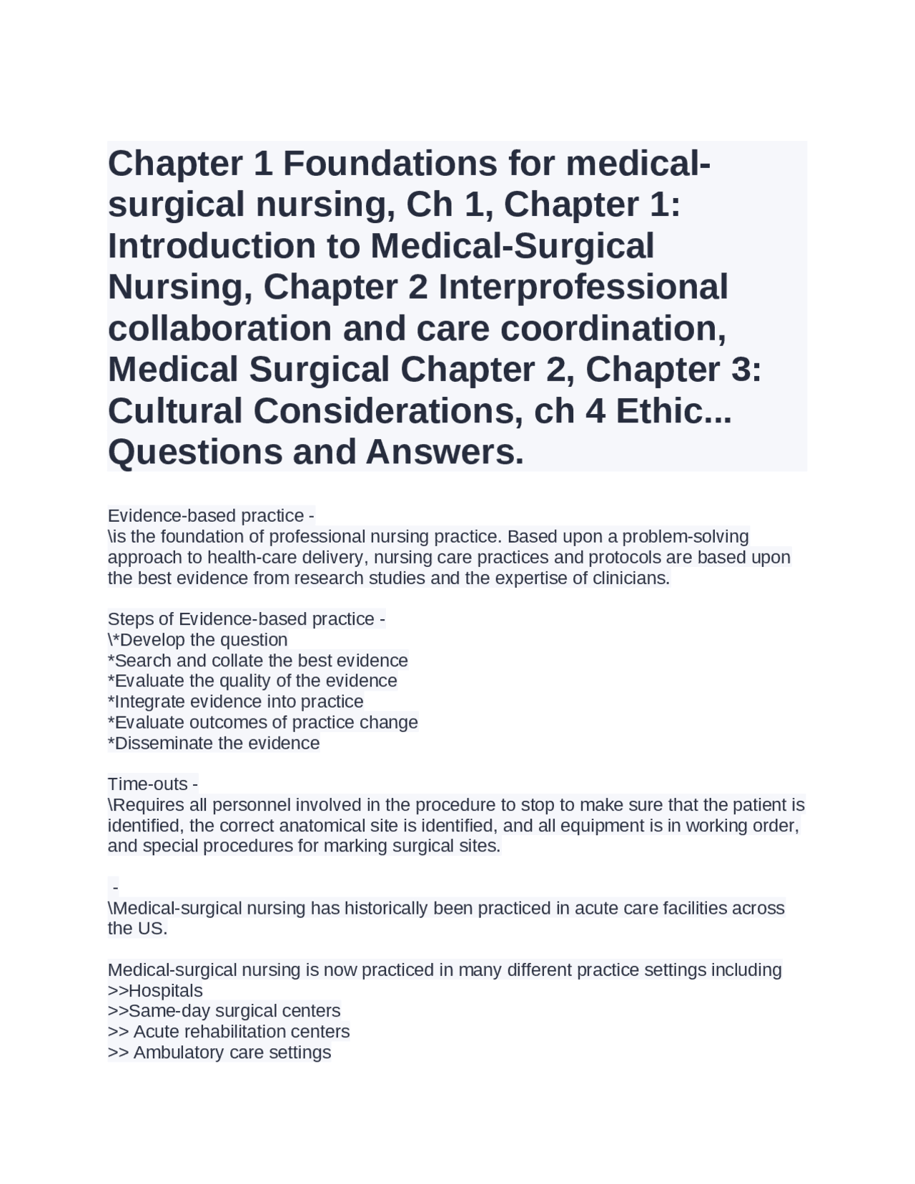 Chapter 1 Foundations for medical-surgical nursing, Ch 1, Chapter 1: Introduction to Medi ...