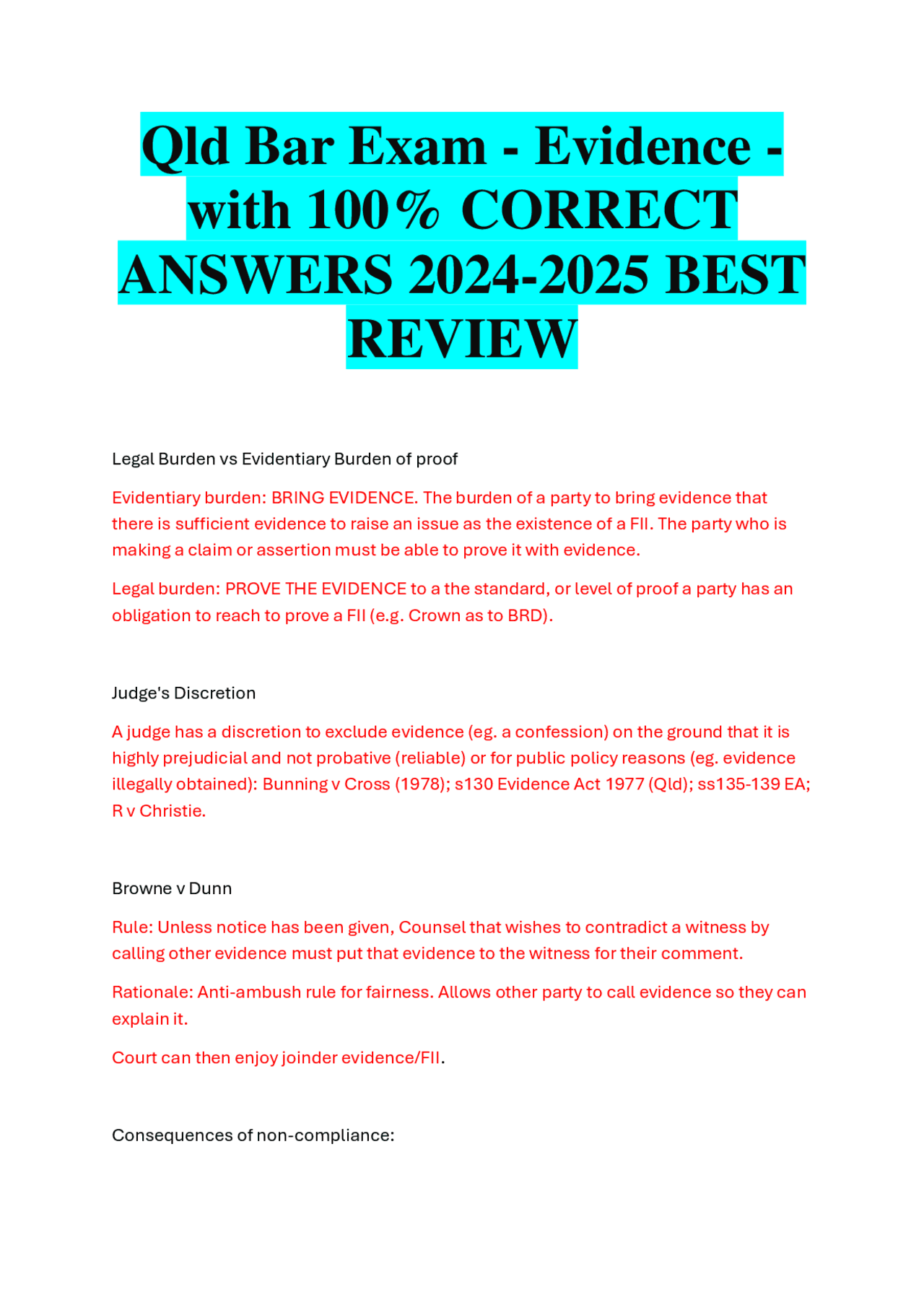 Qld Bar Exam - Evidence with 100% CORRECT ANSWERS 2024-2025 BEST REVIEW ...