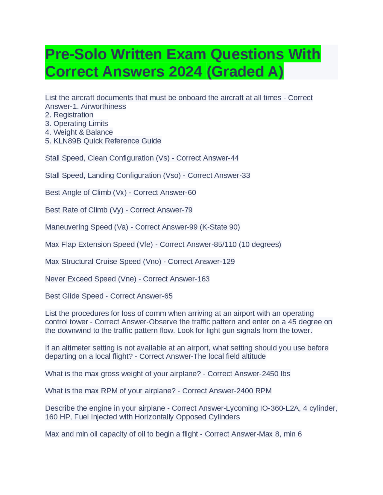 Pre-Solo Written Exam Questions With Correct Answers 2024 | Exams ...