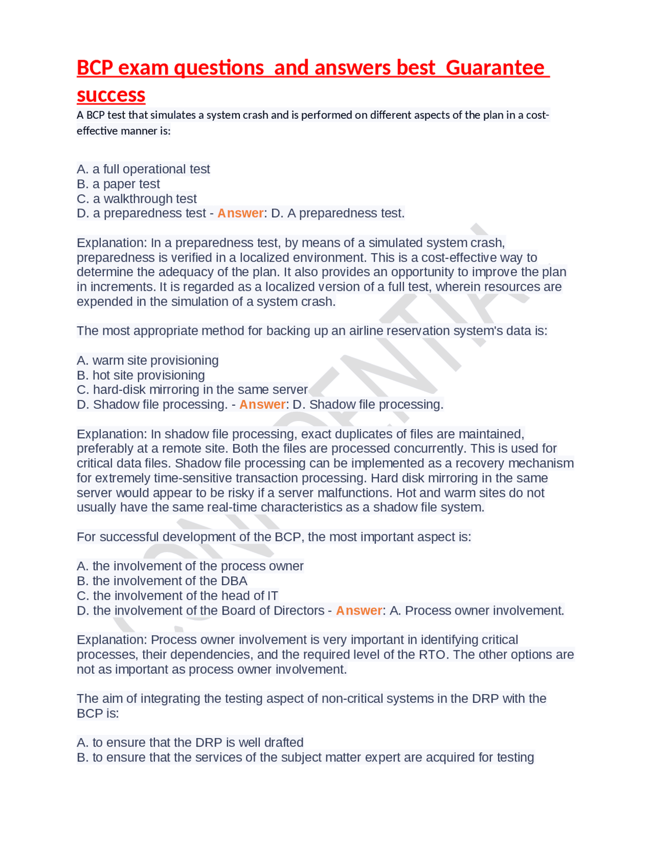 BCP Exam Questions and Answers | Exams Risk Analysis | Docsity