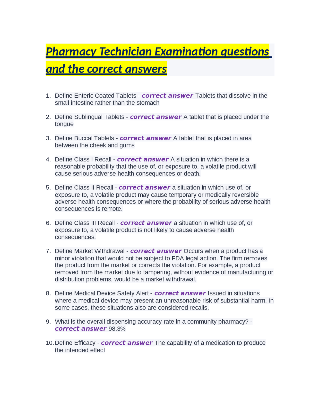 Pharmacy Technician Examination questions and the correct answers ...