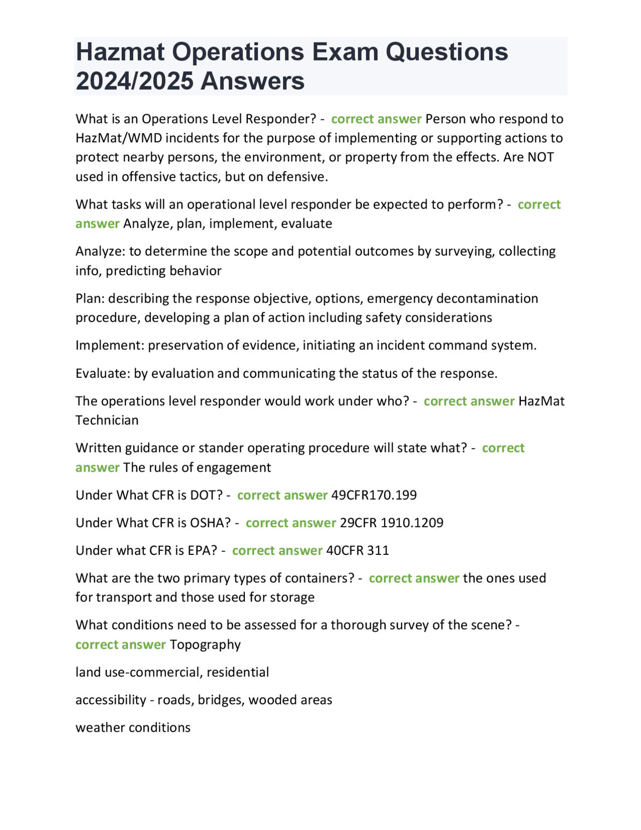 Hazmat Operations Exam Questions 2024/2025 Answers | Exams Nursing ...