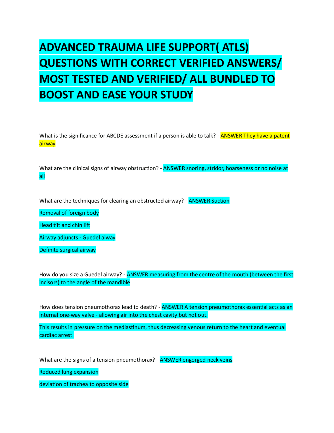 ADVANCED TRAUMA LIFE SUPPORT( ATLS) QUESTIONS WITH CORRECT VERIFIED ...