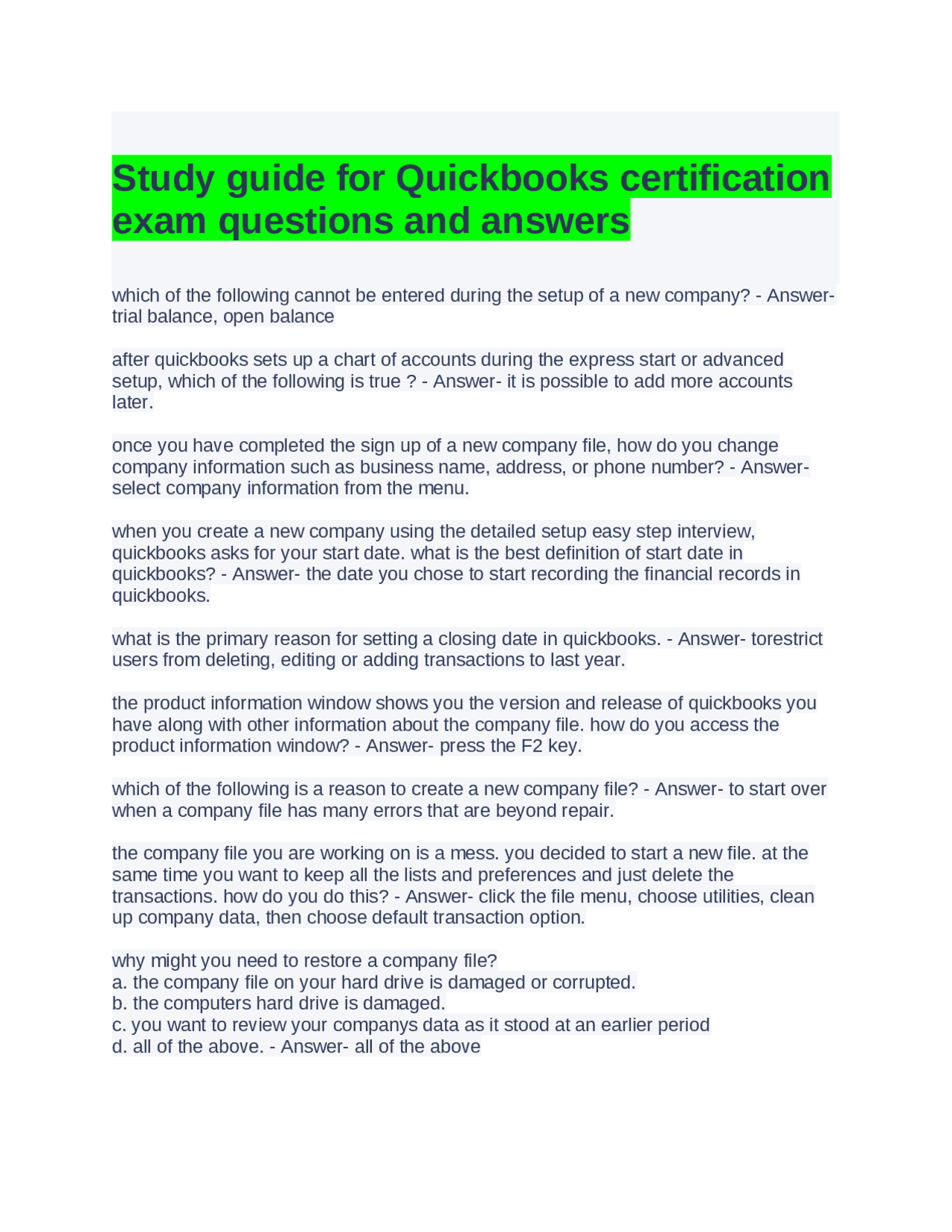 Study guide for Quickbooks certification exam questions and answers ...